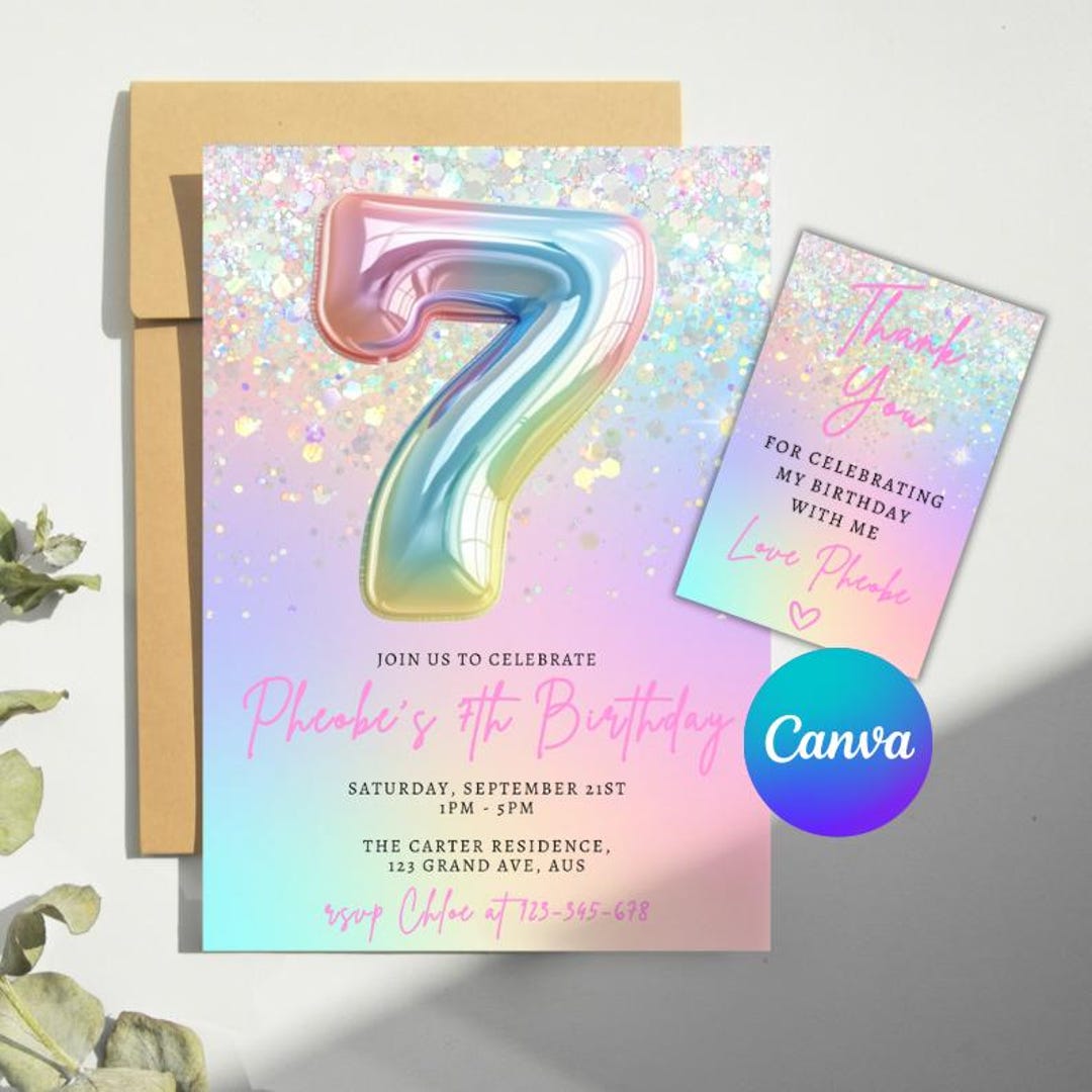 7th Birthday Invitation, Glitter Seventh Birthday Invitation, Editable ...