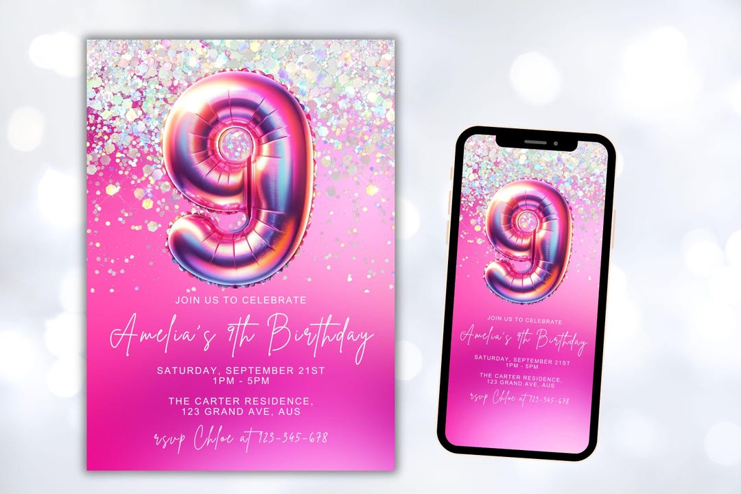 Pink Glitter 9th Birthday Invitation Template (digital Download) - Etsy