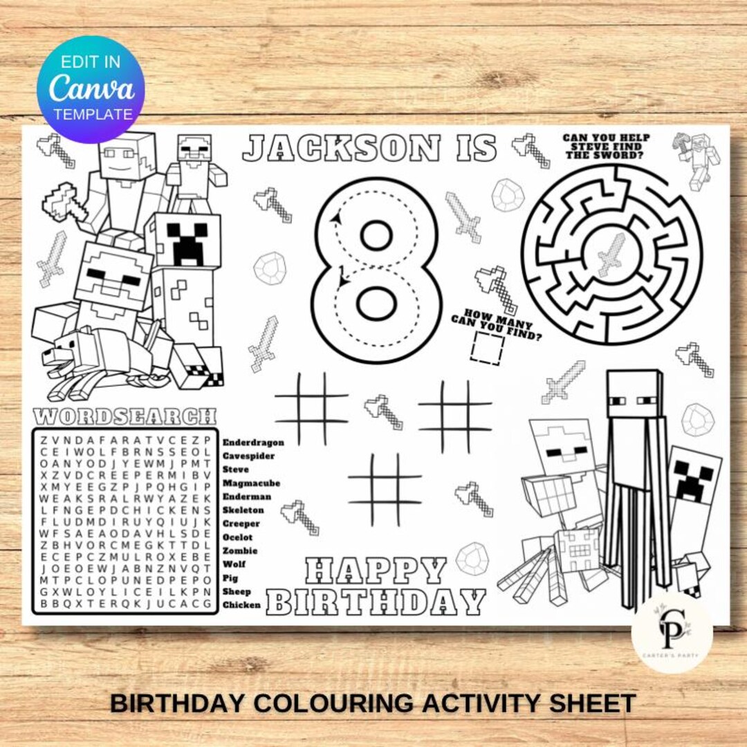 Kids Birthday Activity Sheet: Mine Craft Coloring Page (digital ...