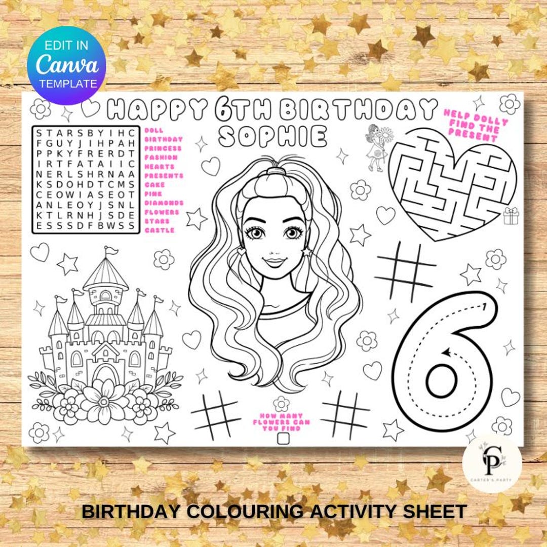 Kids Birthday Coloring Page, Printable Doll Birthday Coloring Placemat ...