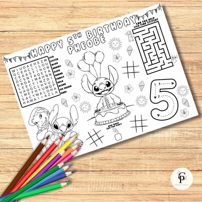 Lilo & Stitch Birthday Coloring Page: Printable Activity Placemat ...