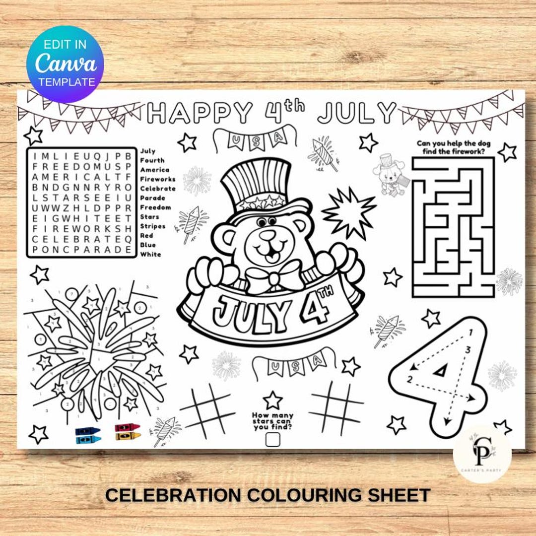 Fourth of July Activity Placemat for Kids, Independence Day Worksheet ...