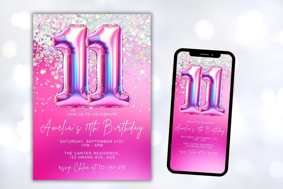 Editable Pink 11th Birthday Invitation Template Glitter Birthday Party ...