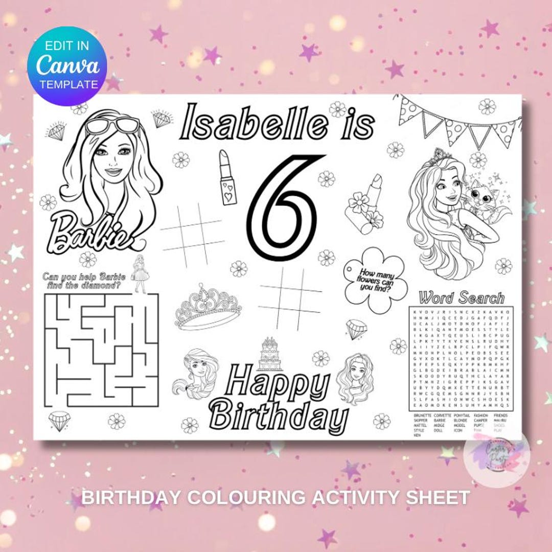 Barbie Activity Sheet, Barbie Coloring Page, Barbie Birthday, Barbie ...