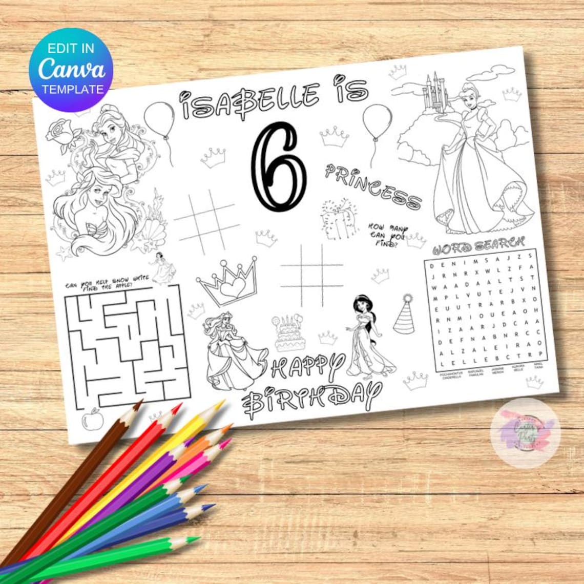 Kids Birthday Coloring Placemat: Custom Party Activity (digital ...