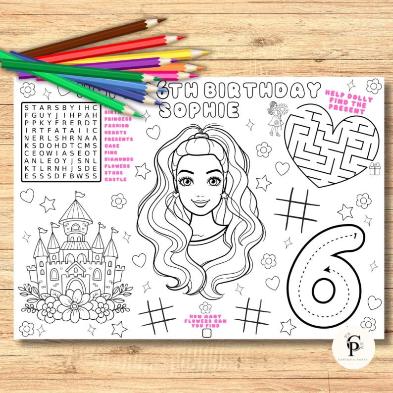 Doll Birthday Coloring Placemat: Kids Party Activity Sheet (digital ...
