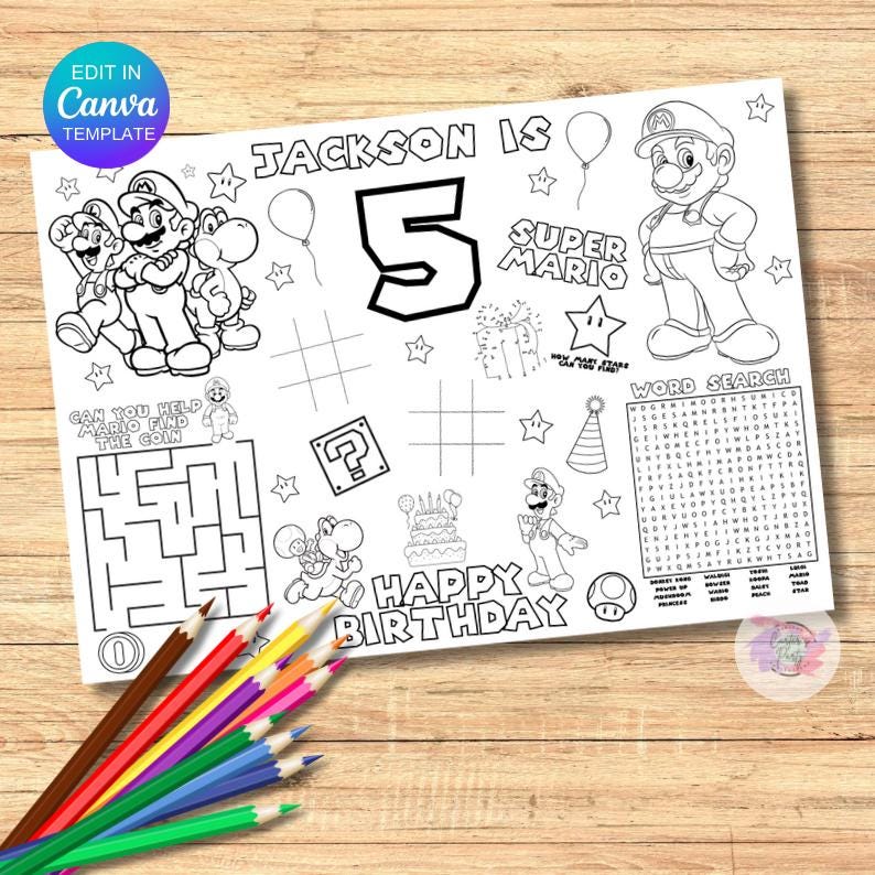 Super Mario Birthday Coloring Page: Custom Party Activity (digital ...