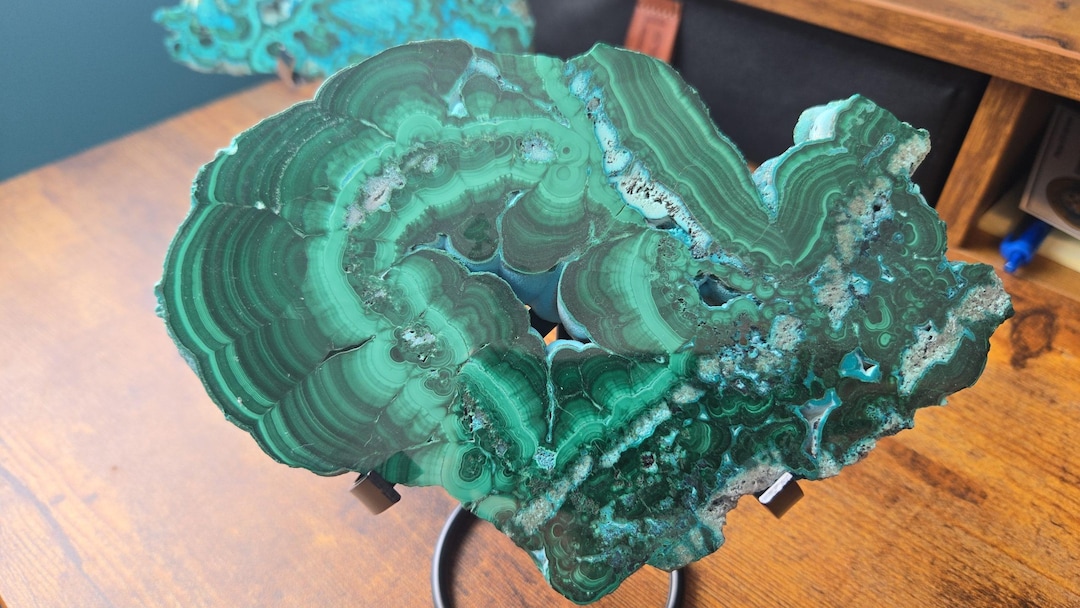 Polished Malachite Slab on Stand | Natural Green Crystal Display | Raw ...