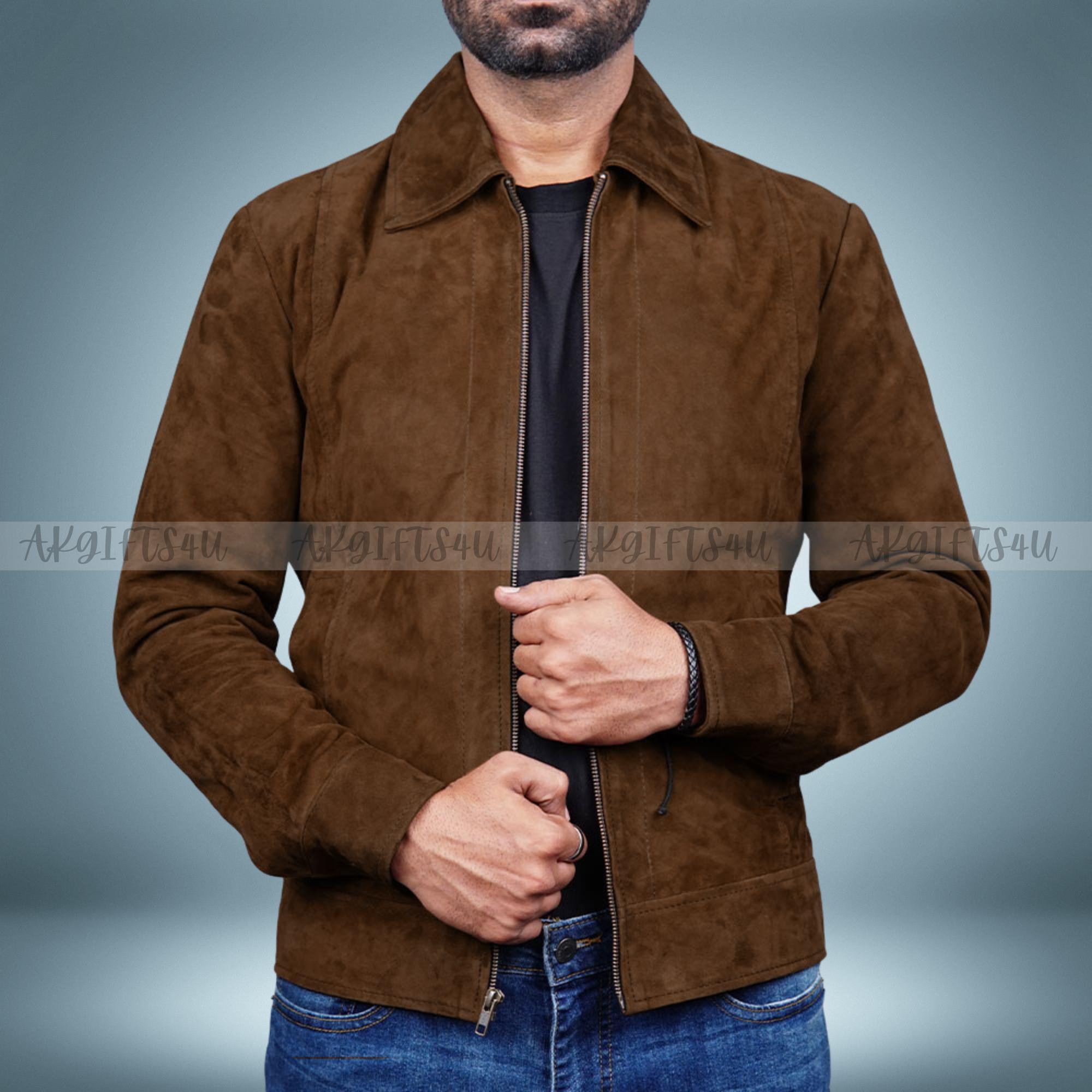 Handmade Men's Polo Collar Zipper Suede Genuine Leather Shirts Long ...