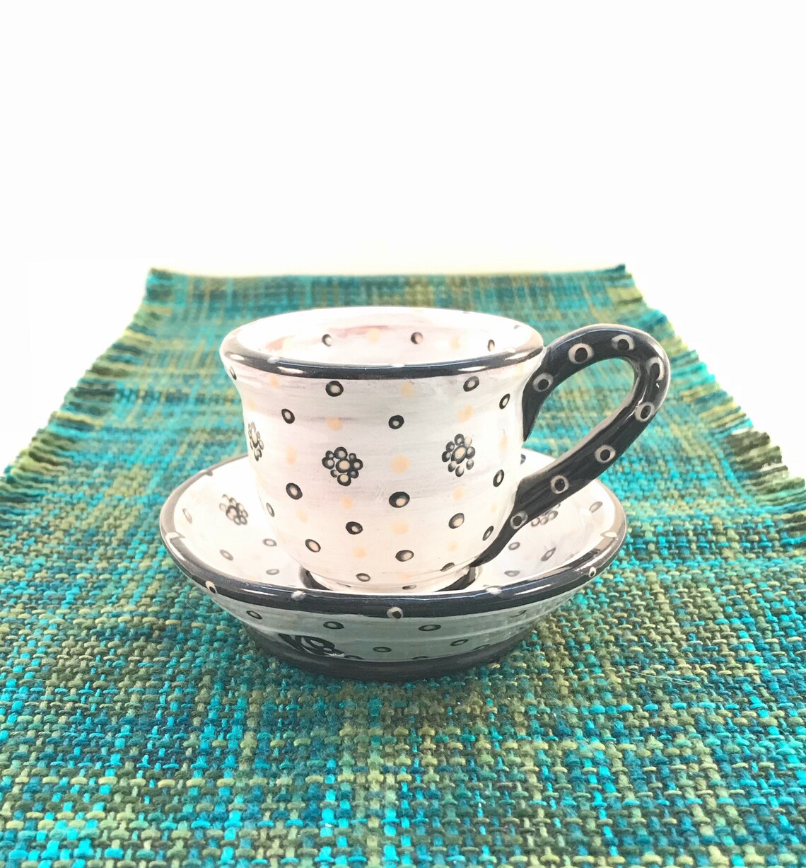 Tiny, Tea Cup Saucer Set or Espresso Set With Daisy Dots. Black, Yellow ...