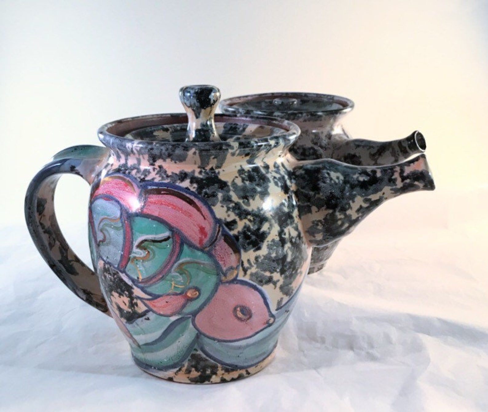 Majolica Tea Pot With Gold Luster - Hand Painted Shrimp Design ...