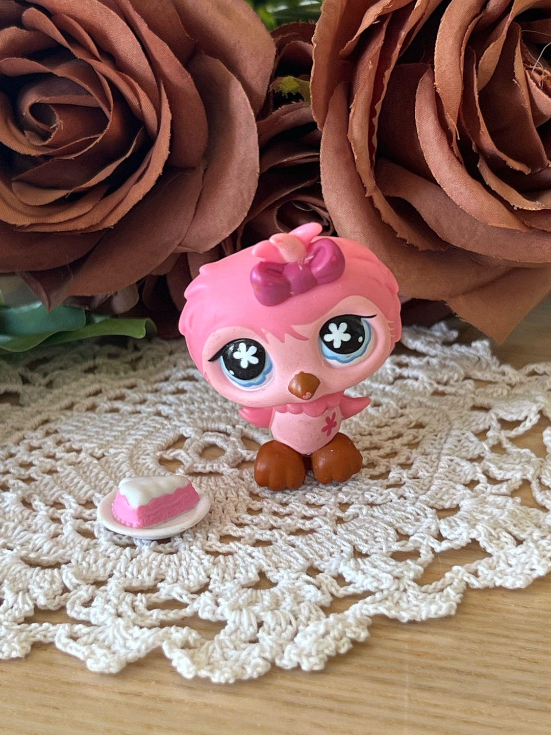 2007 Hasbro Littlest Pet Shop LPS # 496 Pink Barn Owl Bird Flower Eyes ...