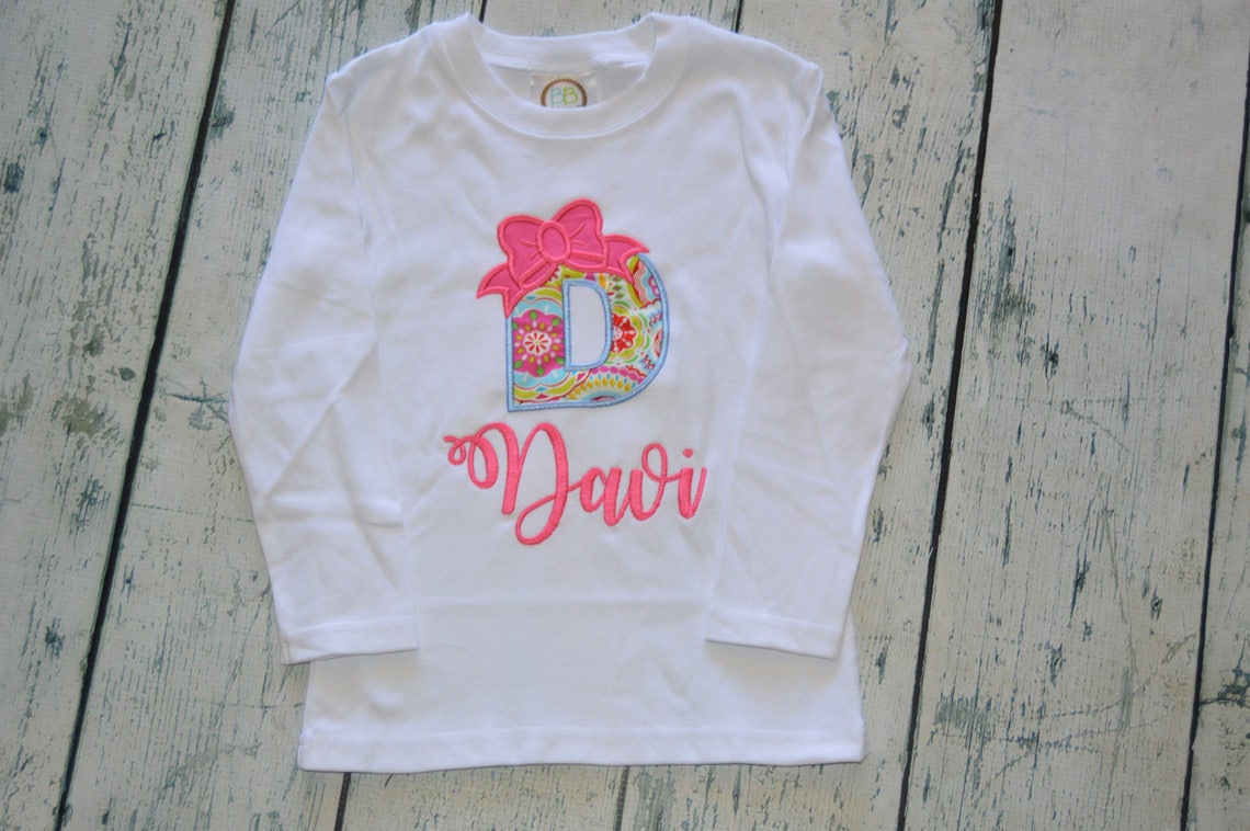 Personalized Girls Shirt, Monogrammed Initial With Bow, Girls Applique ...