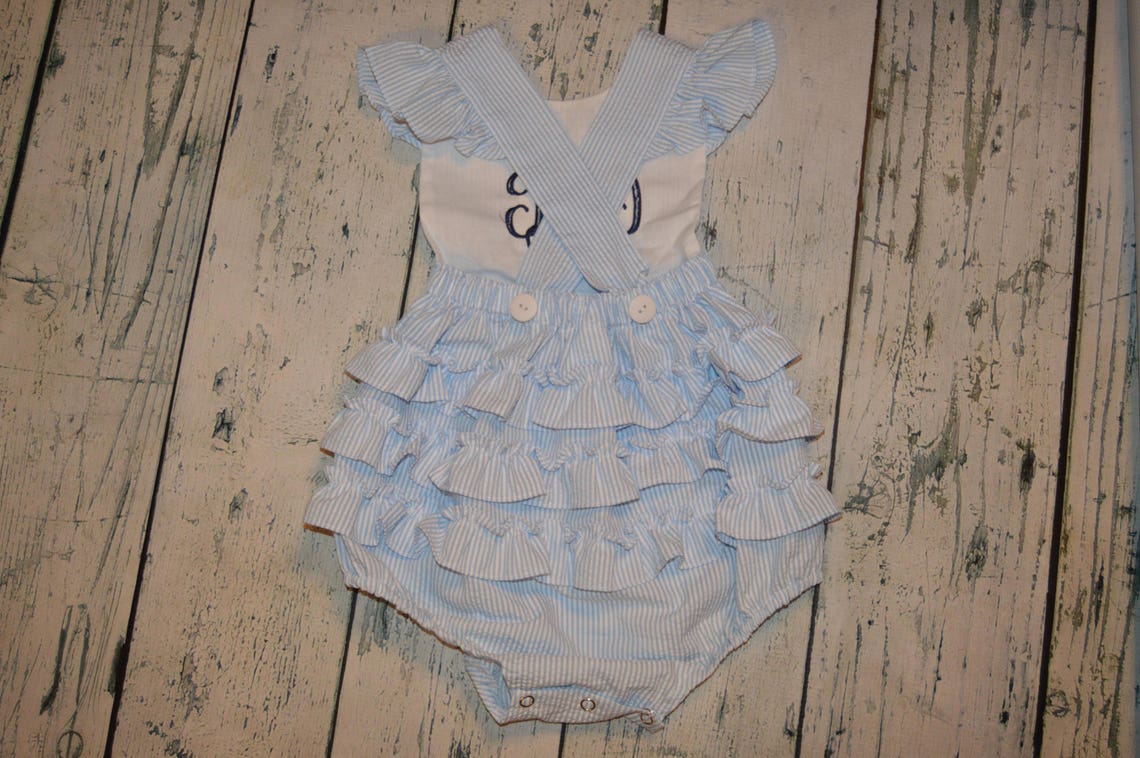 Monogrammed Baby Blue Seersucker Ruffle Bottom Bubble, Girls Romper ...
