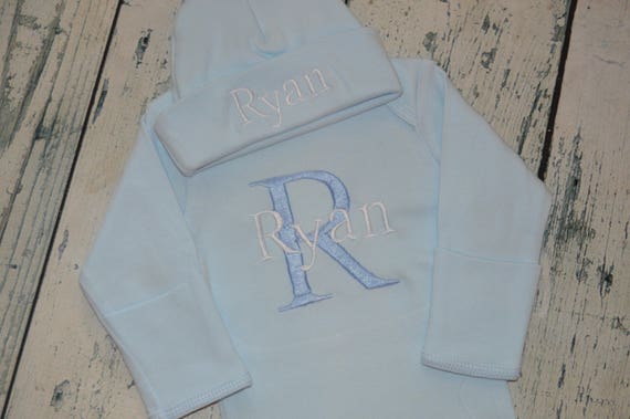 Personalized Baby Blue Newborn Gown and Cap Baby Outfit - Etsy