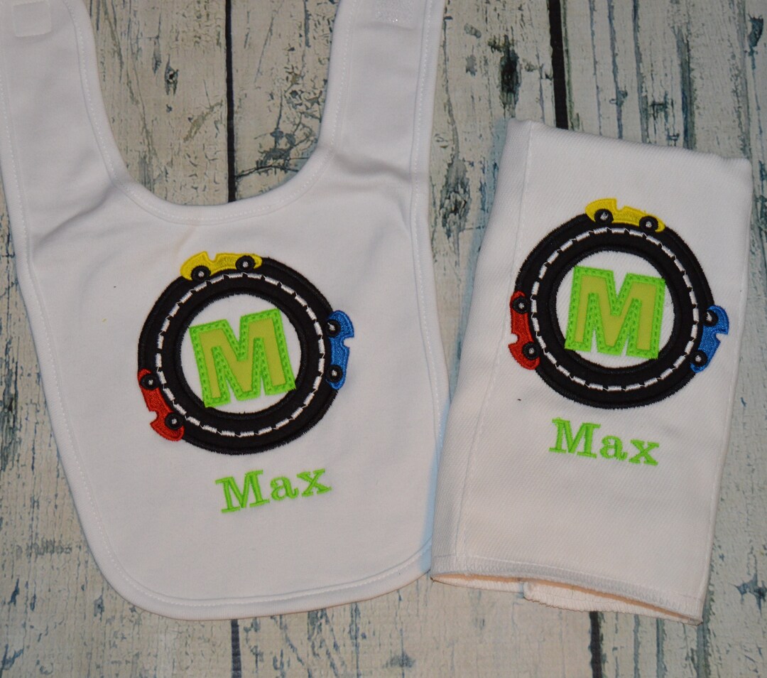 Personalized Boys Race Car on Track Bib and Burp Cloth Set Monogrammed ...