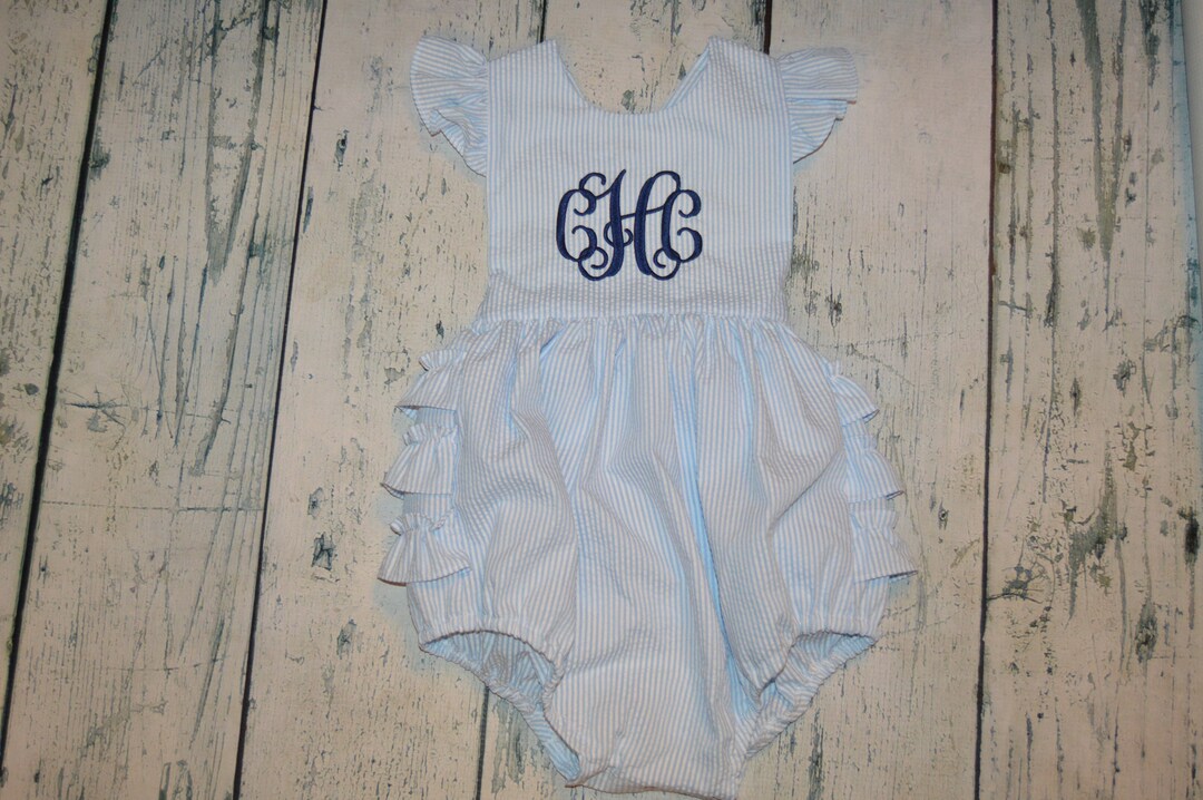 Monogrammed Baby Blue Seersucker Ruffle Bottom Bubble Girls - Etsy