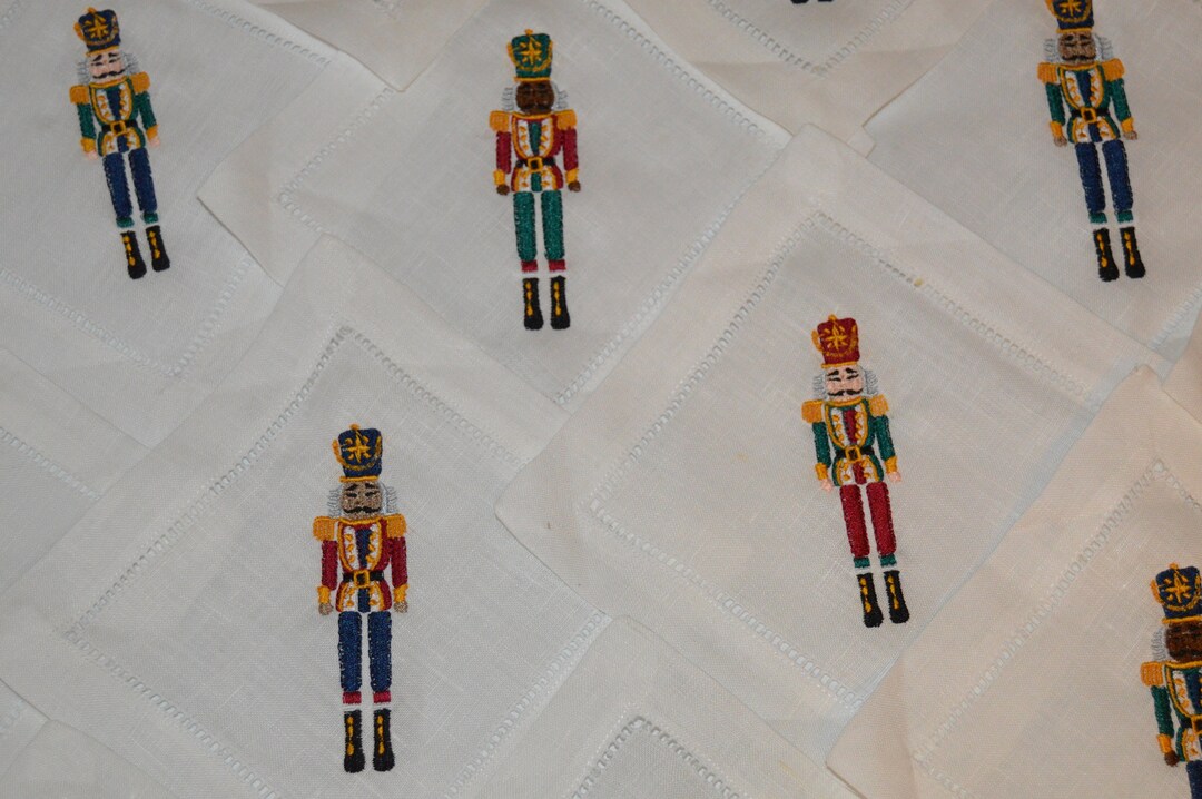 Nutcracker Embroidered Linen Cocktail Napkins, Christmas Coasters ...