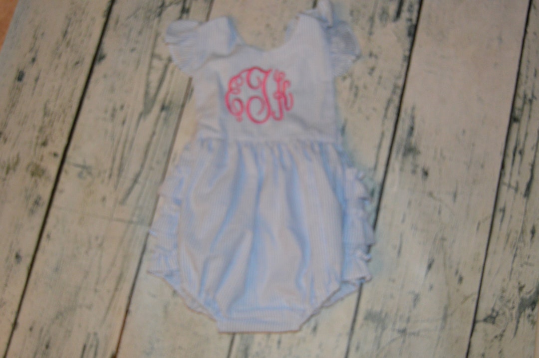 Monogrammed Baby Blue Seersucker Ruffle Bottom Bubble, Girls Romper ...