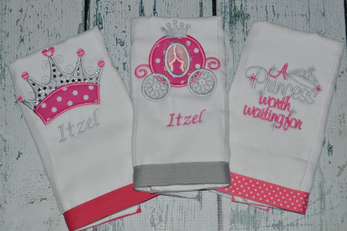 Personalized Princess Burp Cloth Set of 3 Burpies Monogrammed - Etsy