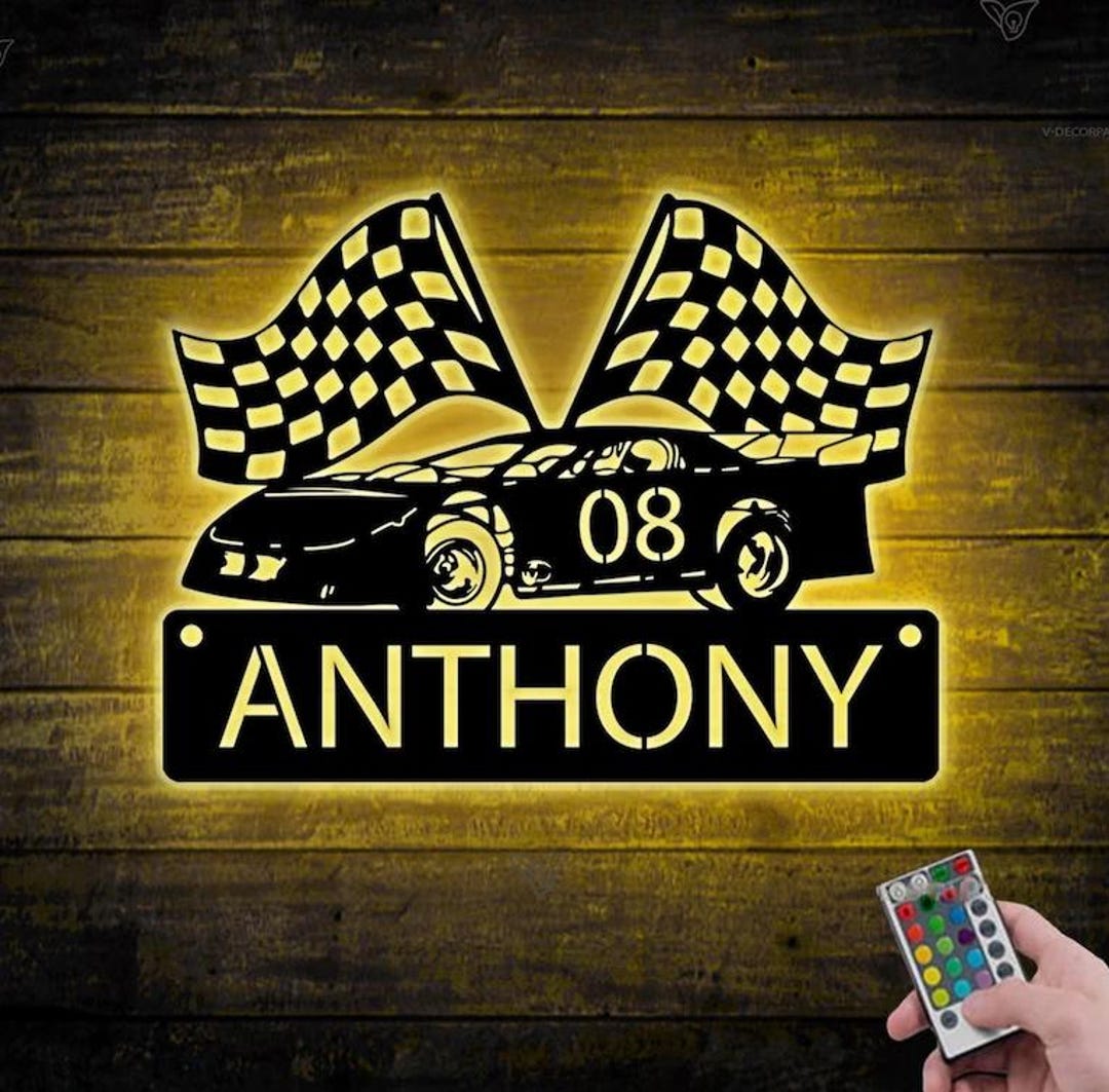Custom Racing Car Metal Sign With LED Lights, Race Car Sign, Sports ...