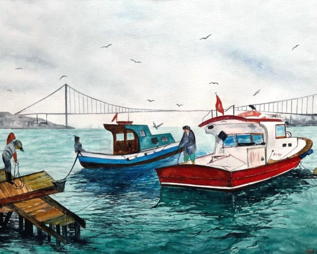 Istanbul Boats Watercolor Print – Bosphorus Landscape Painting ...