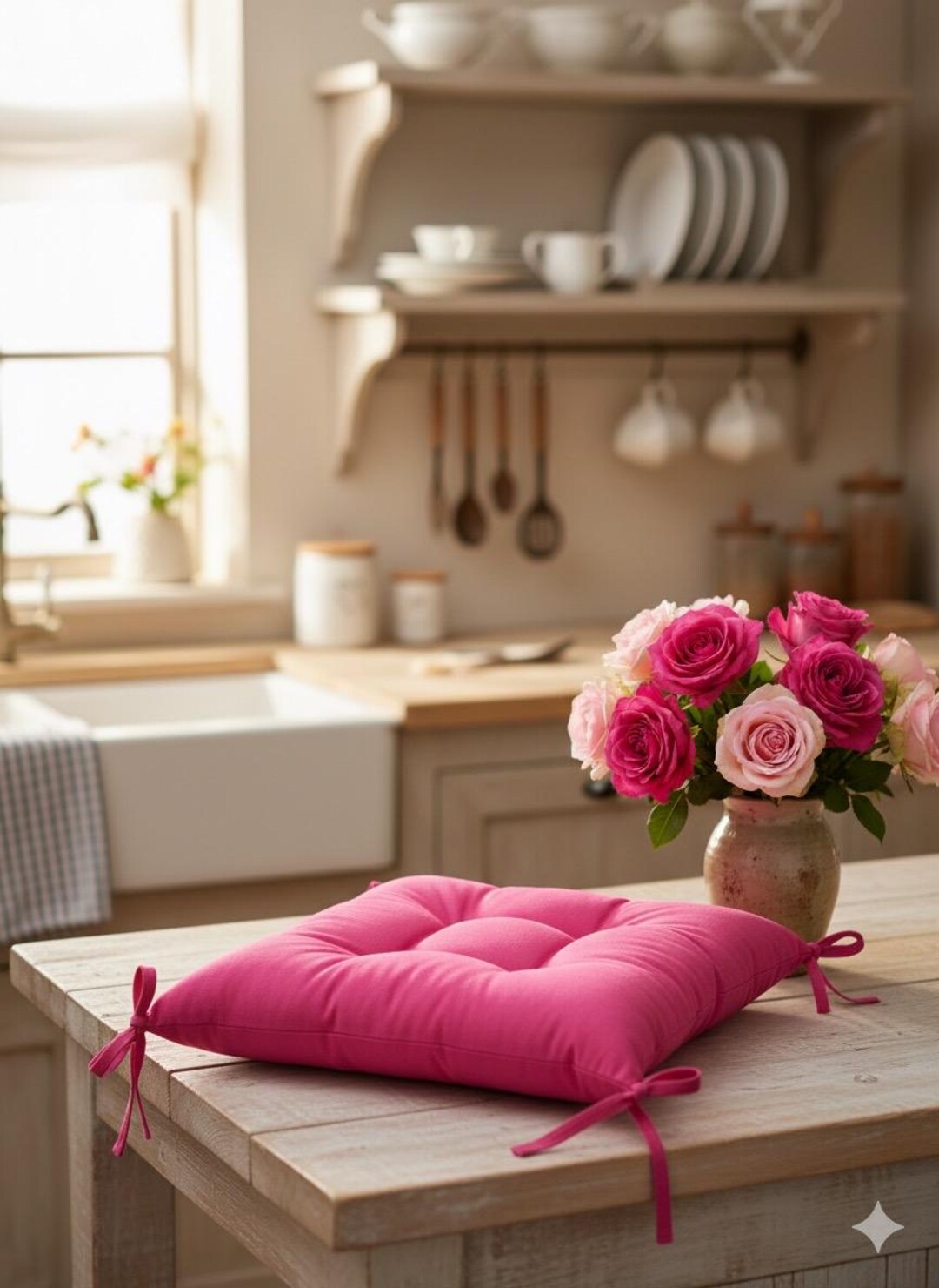 Handmade Pink Colored Custom Size Chair Pads With Ties, Cotton Stool ...