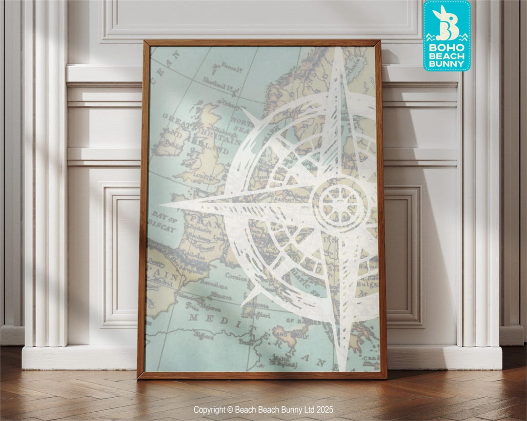 Compass Map Europe / Wall Decor / Nautical Print / Beach House Decor ...
