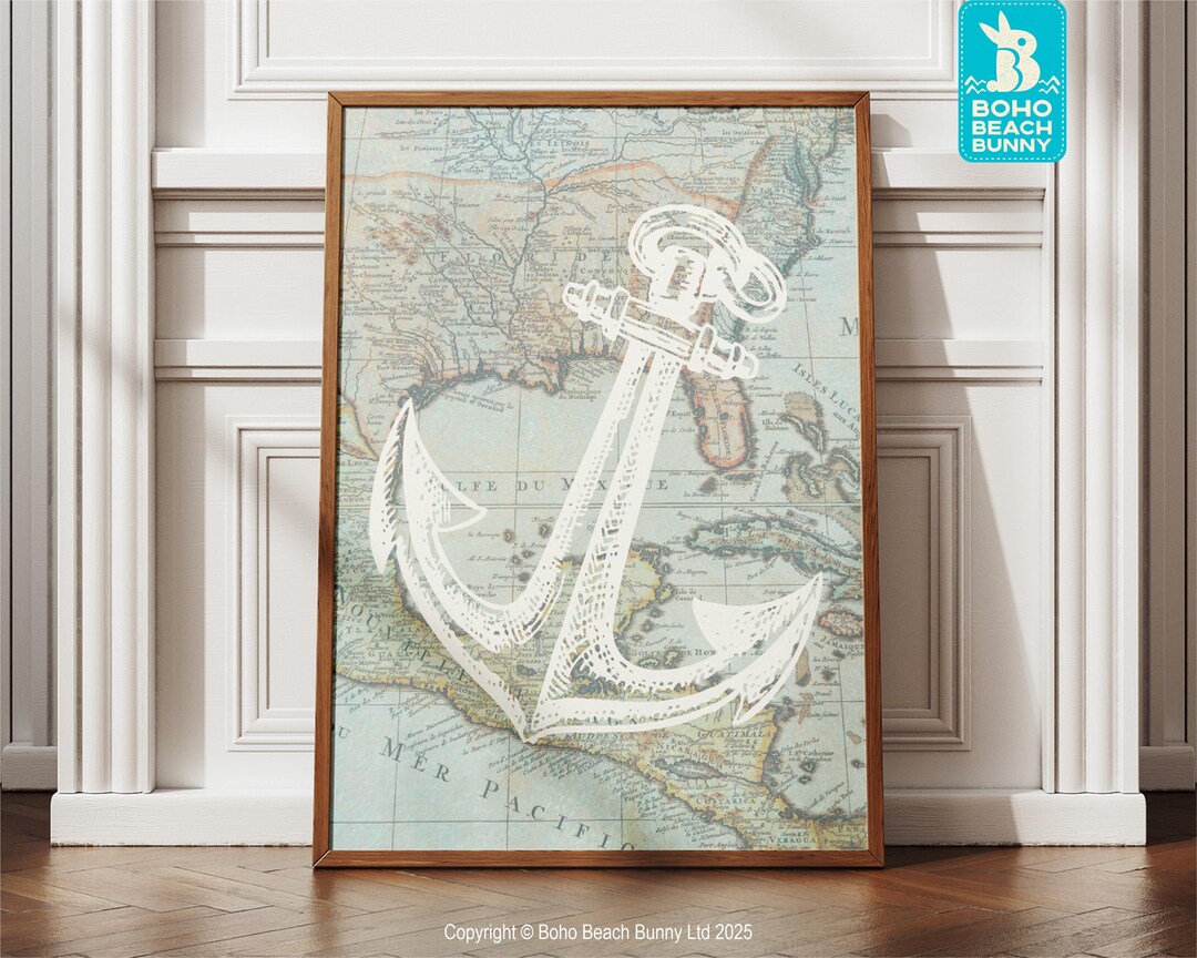 Anchor Map / Nautical Art / Coastal Home Decor / Beach House / Blue ...