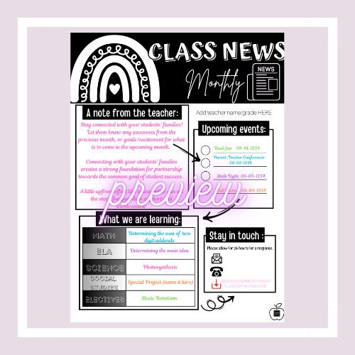 12 Monthly Editable Classroom Newsletter Templates SEASONAL 12 MONTHS ...