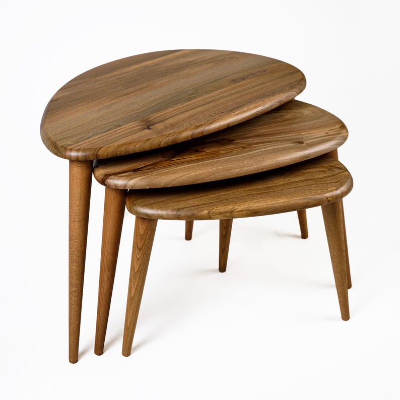 Walnut Nesting Coffee Table Set of 3 Mid Century Modern Side Table Wooden End Table Living Room ...