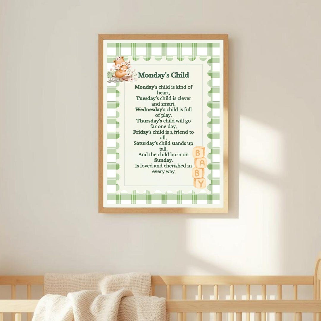 Nursery Wall Art Printable – Monday’s Child Poem – Sage Green Woodland ...