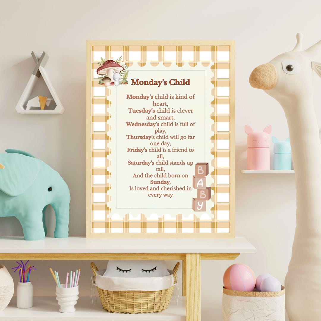 Monday's Child Poem Print, Tan Gingham Nursery Decor, Woodland Bunny ...