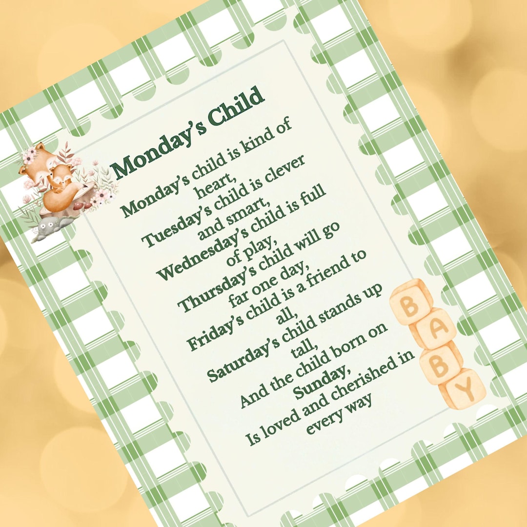 Monday's Child Poem Art Print: Sage Woodland Nursery Decor (digital ...