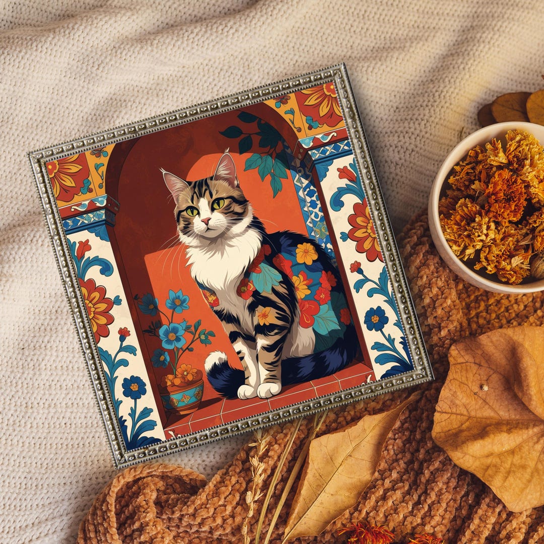 Spanish Tile Cat Art Print: Iberian Floral Folk Decor (PDF) - Etsy