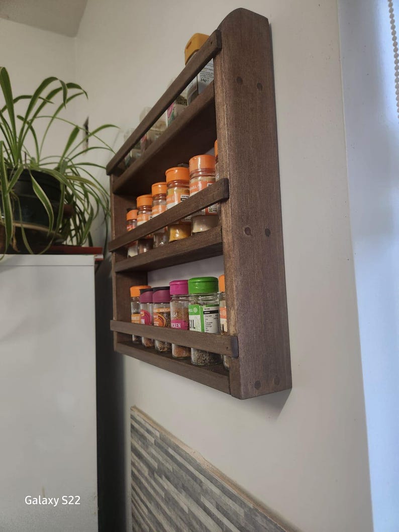 Rustic Wooden Spice Rack – Handcrafted Wall-mounted Organizer Shelf ...