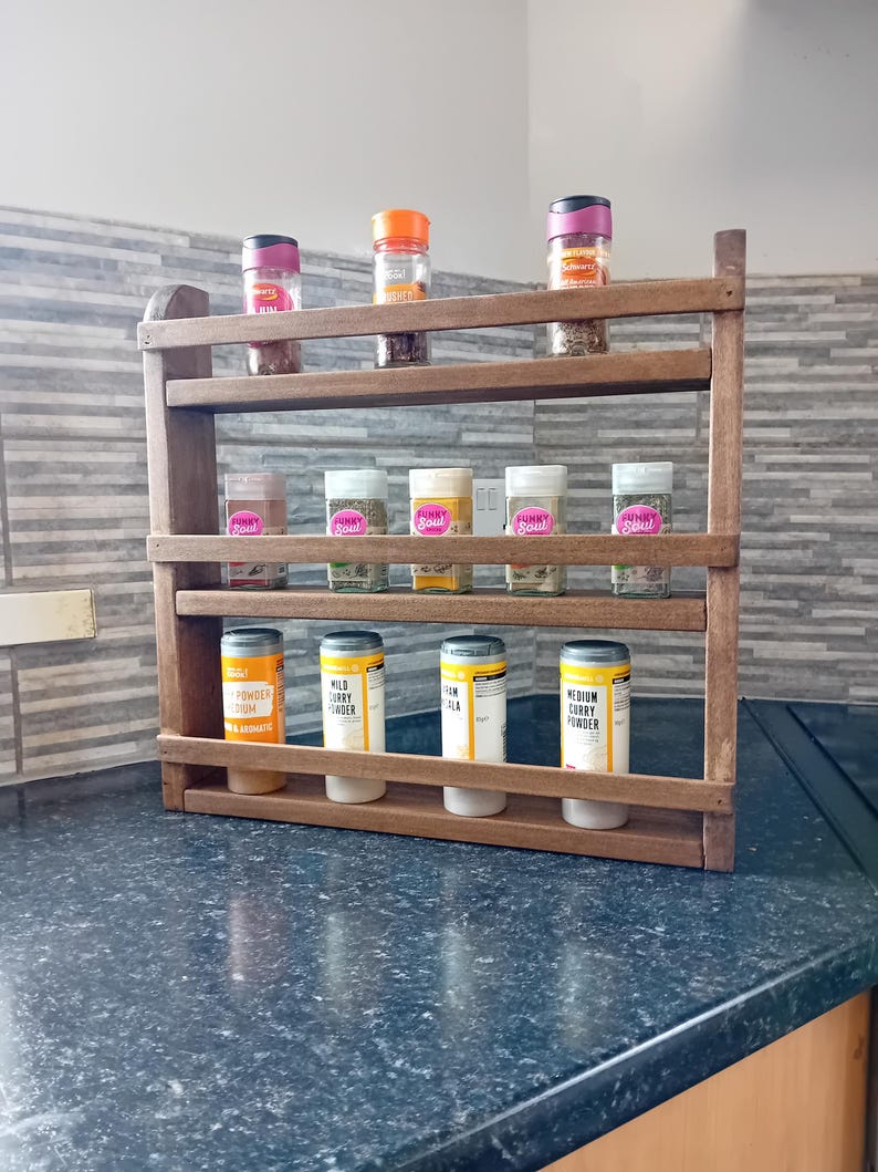 Rustic Wooden Spice Rack – Handcrafted Wall-mounted Organizer Shelf ...