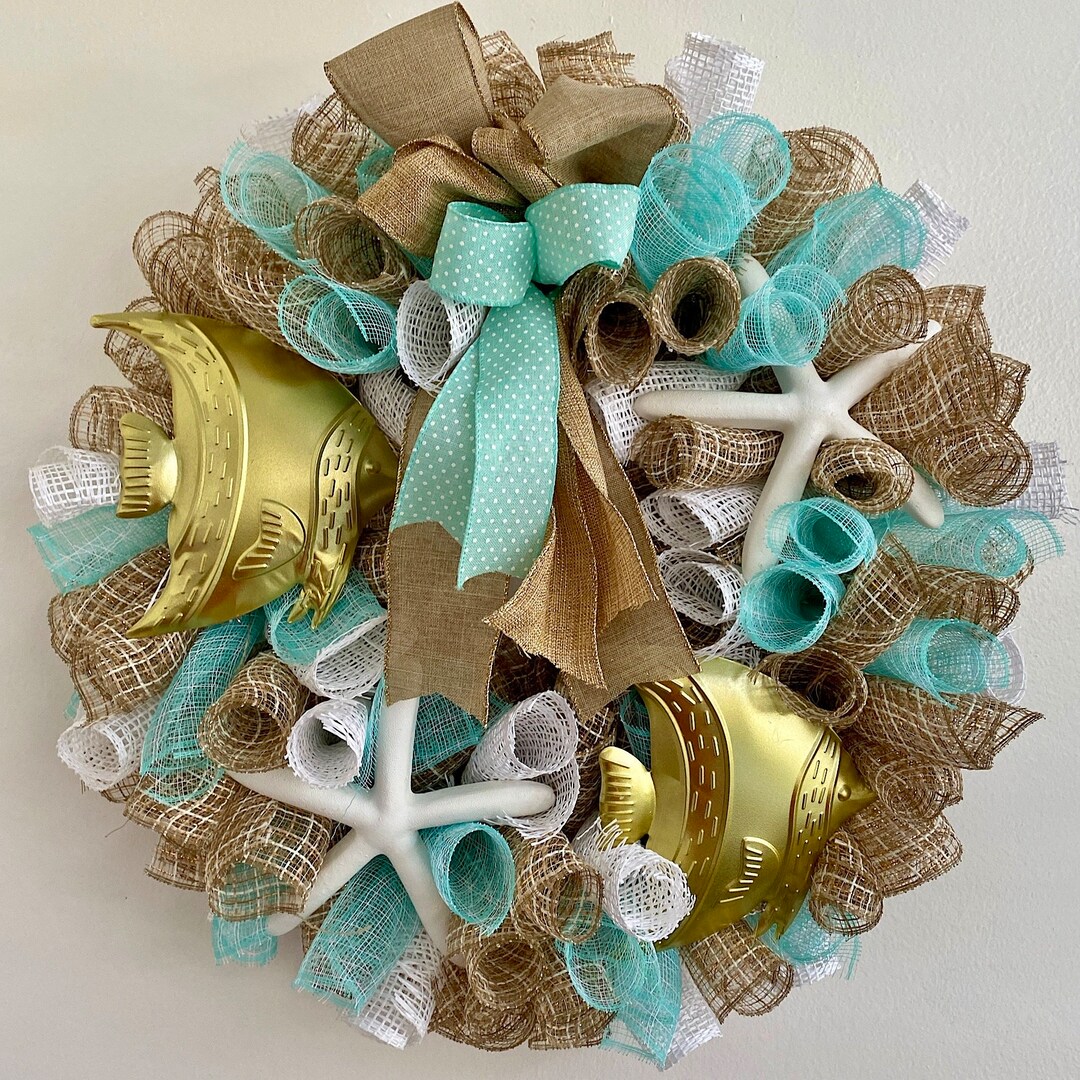 Ocean Wreath, Fish Wreath, Curly Deco Mesh Ribbon Wreath, Starfish ...