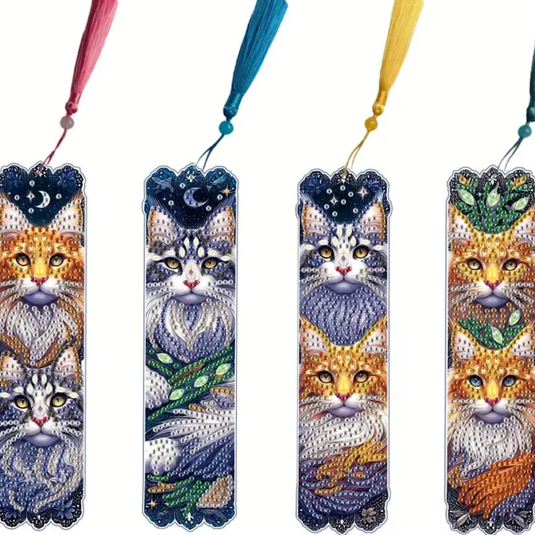 Cat Diamond Art Bookmarks, 4 Diamond Art Jewel Cat Bookmarks, DIY ...