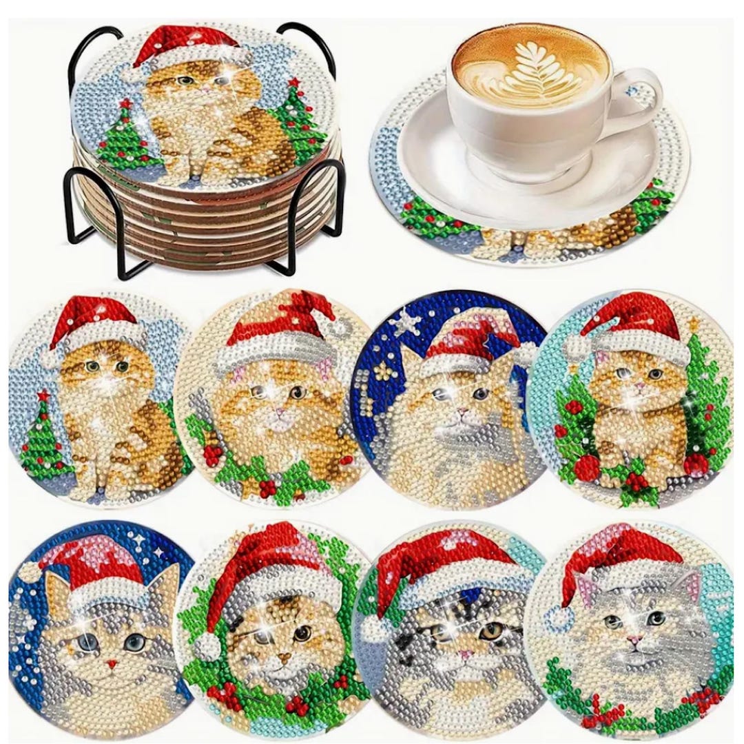 Diamond Art Coaster Kit, 8 Cat Coasters DIY Kit With Stand, Adorable ...