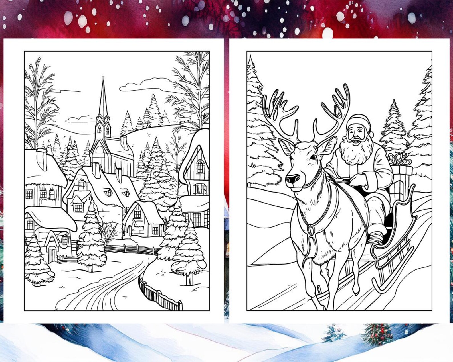 Christmas Scene Coloring Pages, Kids and Adult Coloring Book, Printable ...