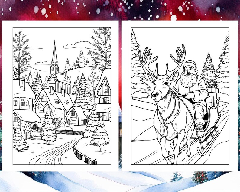 Christmas Scene Coloring Pages, Kids and Adult Coloring Book, Printable ...
