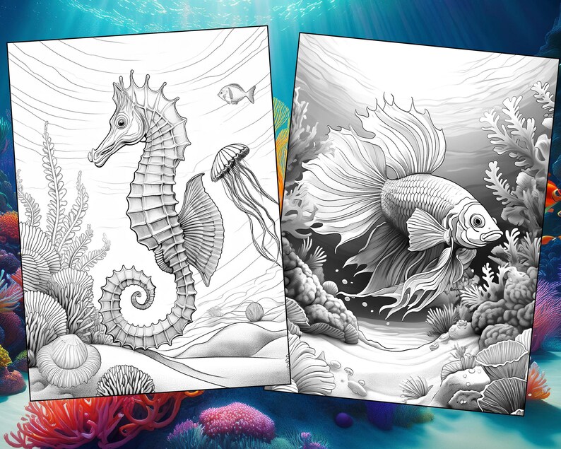 Underwater Scene and Creature Coloring Page, 36 Adult Grayscale ...