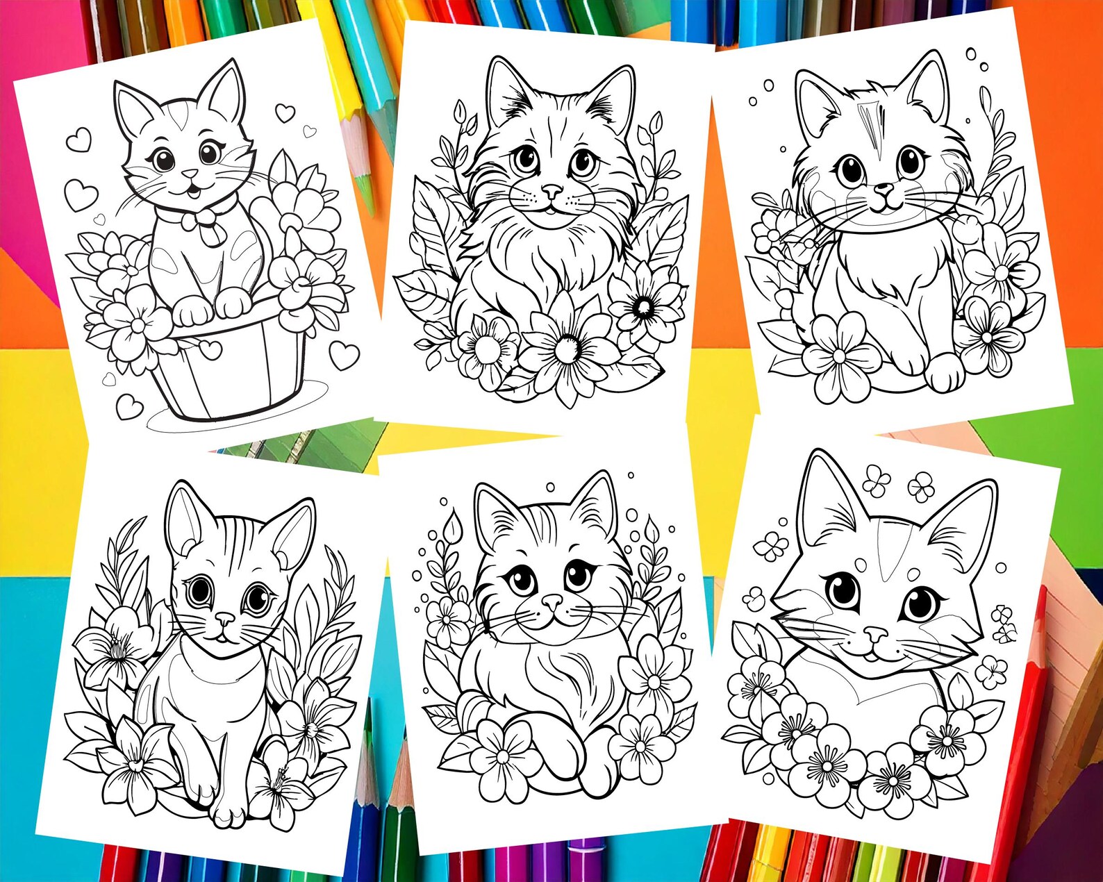 Relaxing Cat and Floral Coloring Page, Kitten Coloring Pages, Printable ...