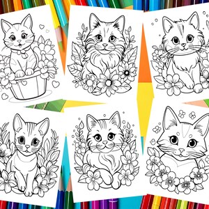 Relaxing Cat and Floral Coloring Page, Kitten Coloring Pages, Printable ...