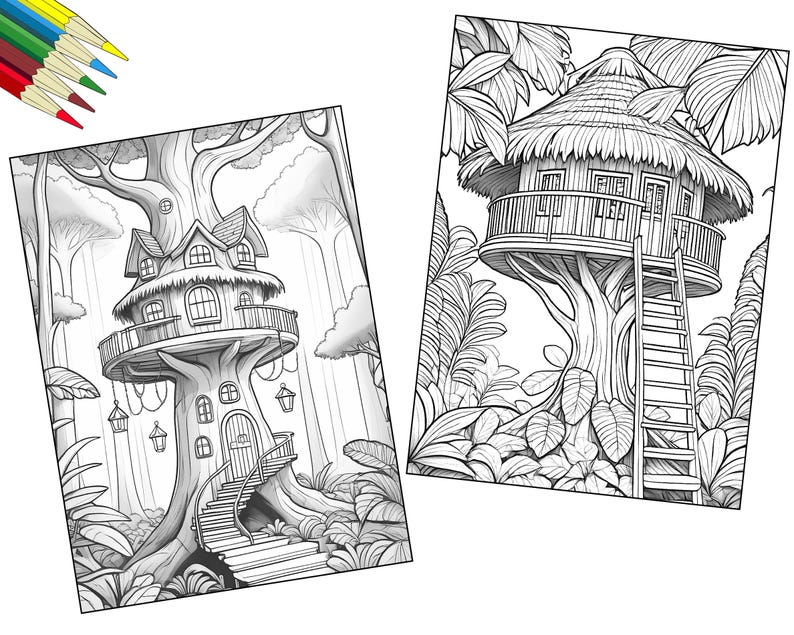 Whimsical Tree House Designs Coloring Page, 30 Adult Grayscale Coloring ...
