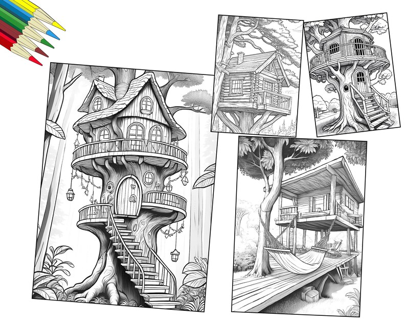 Whimsical Tree House Designs Coloring Page, 30 Adult Grayscale Coloring ...