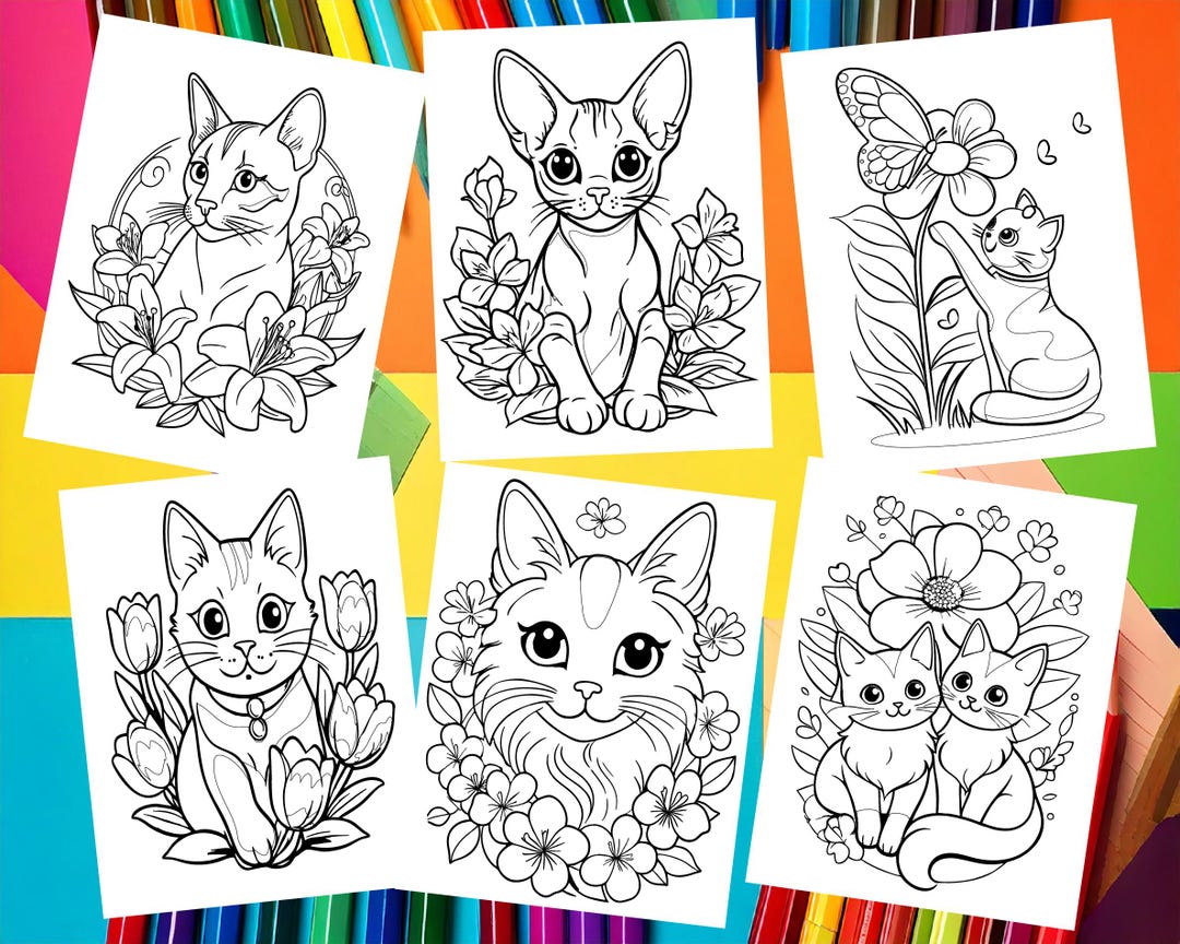 Relaxing Cat and Floral Coloring Page, Kitten Coloring Pages, Printable ...