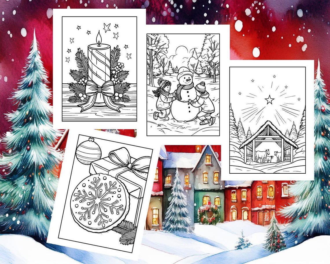 Christmas Scene Coloring Pages, Kids and Adult Coloring Book, Printable ...