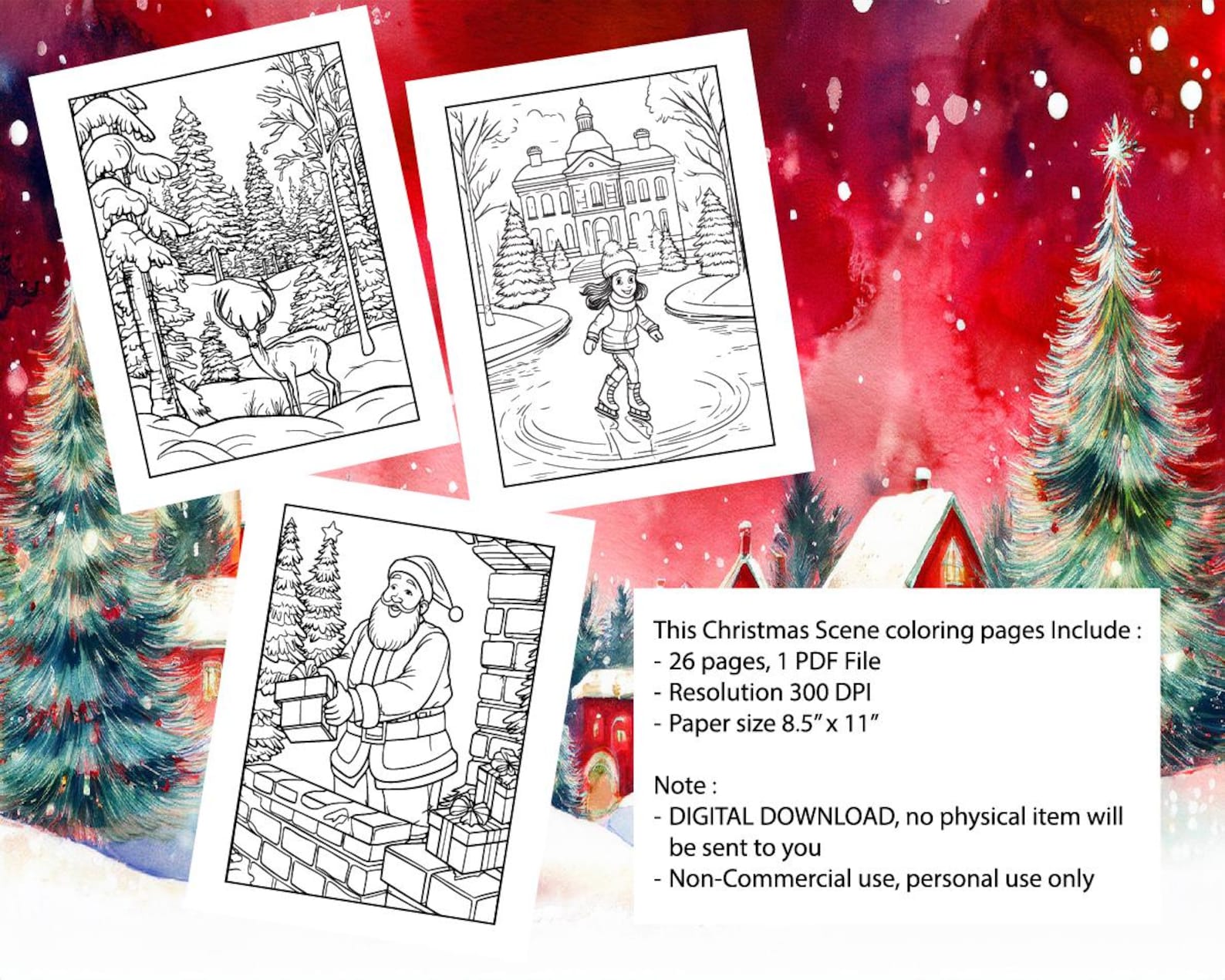 Christmas Scene Coloring Pages, Kids and Adult Coloring Book, Printable ...
